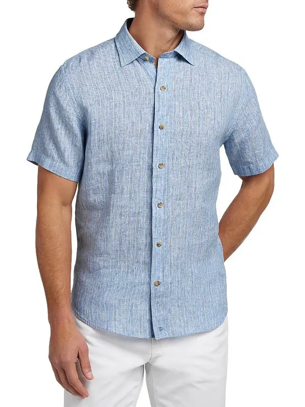 David Donahue Linen Stripe Short Sleeve Shirt - Blue