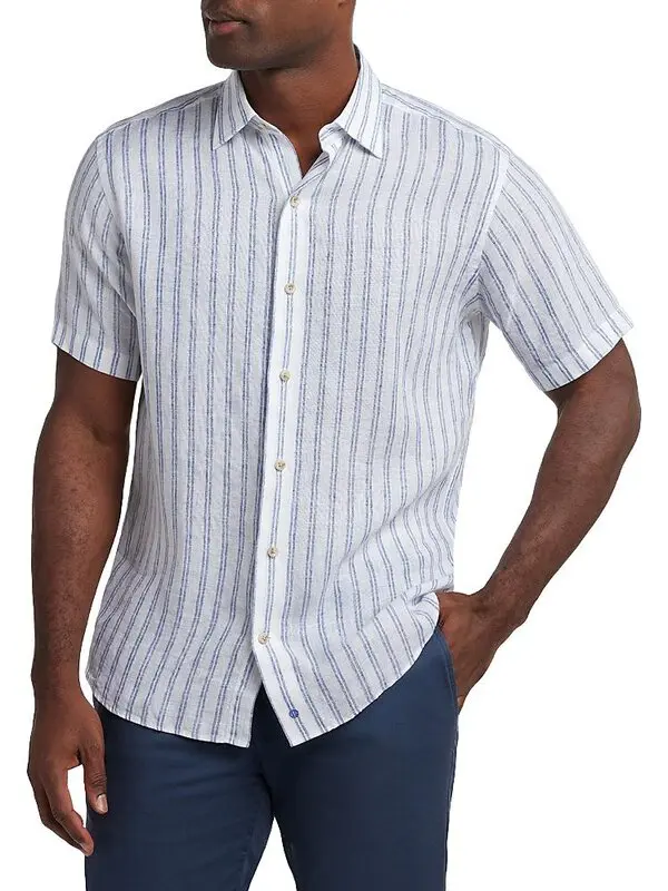 David Donahue Linen Stripe Short Sleeve Shirt - White/ Blue