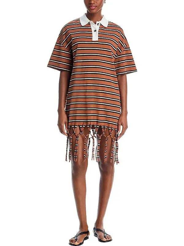 Nanushka Benigna Fringe Hem Polo Dress - Tan/white/black Stripe
