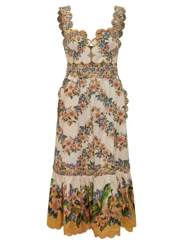 Farm Rio Floral Scalloped Midi Dress - Neutrals
