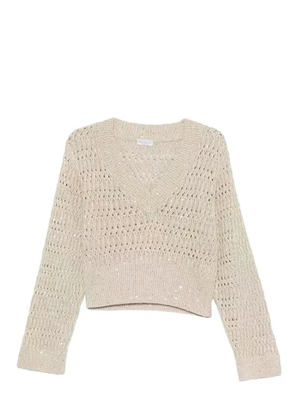 Brunello Cucinelli V-neck Openwork Knit Sweater - Neutrals