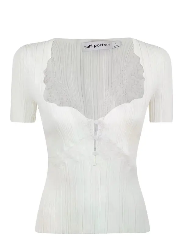 SELF-PORTRAIT Lace Ribbed Blouse - White