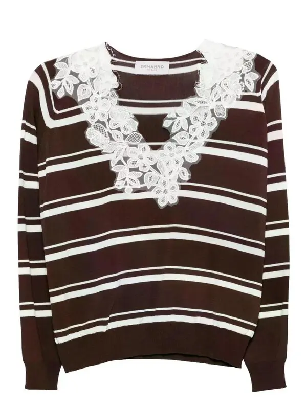 ERMANNO FIRENZE Striped Floral Lace T-shirt - Brown