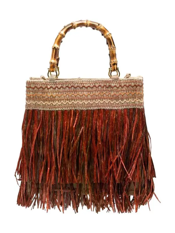 LA MILANESA Medium Calla Fringe Bamboo Handle Tote Bag - Red