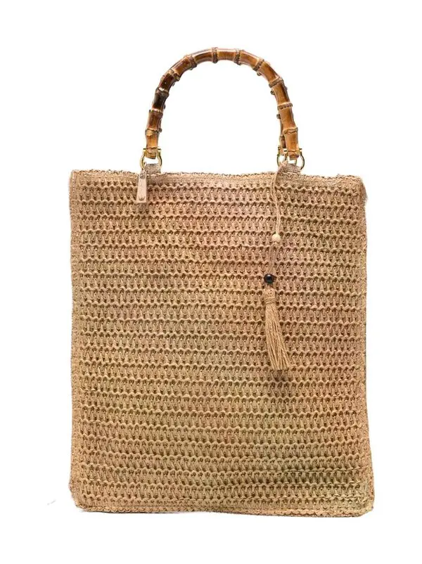 LA MILANESA Zahra Fringed Tote Bag With Bamboo Handle - Neutrals