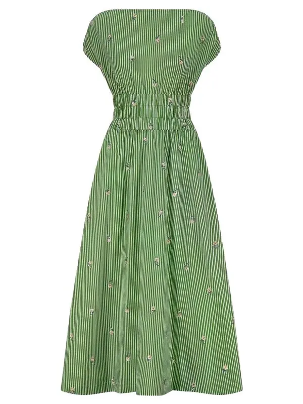 Lela Rose Embroidered Striped Midi Dress - Green