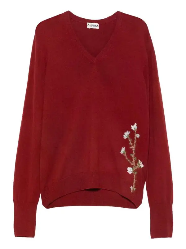 A.N.G.E.L.O. VINTAGE CULT Embroidered V-neck Cashmere Sweater - Red