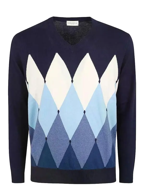 BALLANTYNE Argyle Intarsia V-neck Sweater - Blue