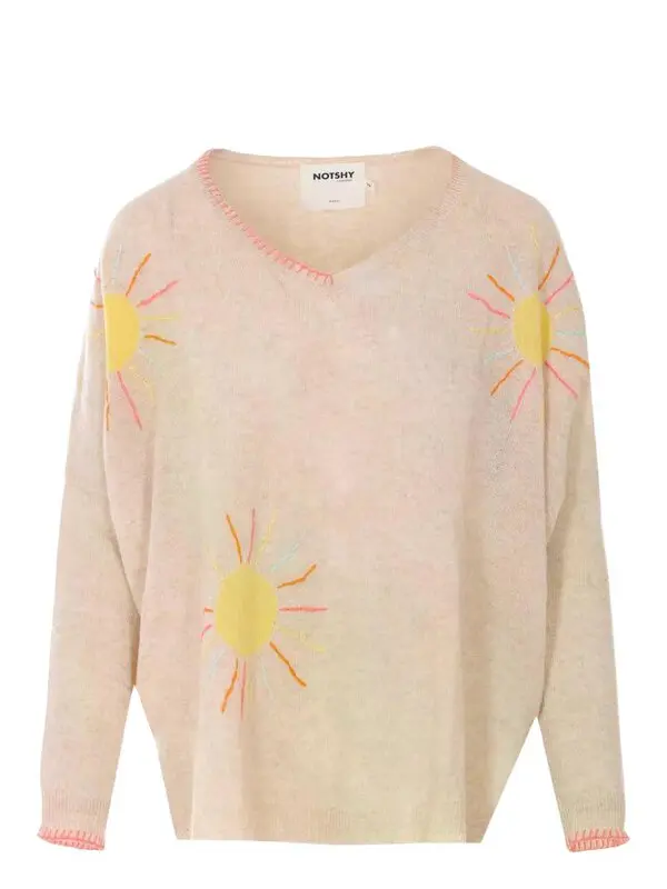 NOTSHY Embroidered V-neck Cashmere Sweater - Neutrals