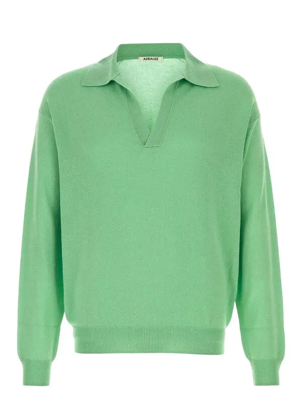 Auralee Super Fine Cashmere Silk Knit Skipper Polo - Green