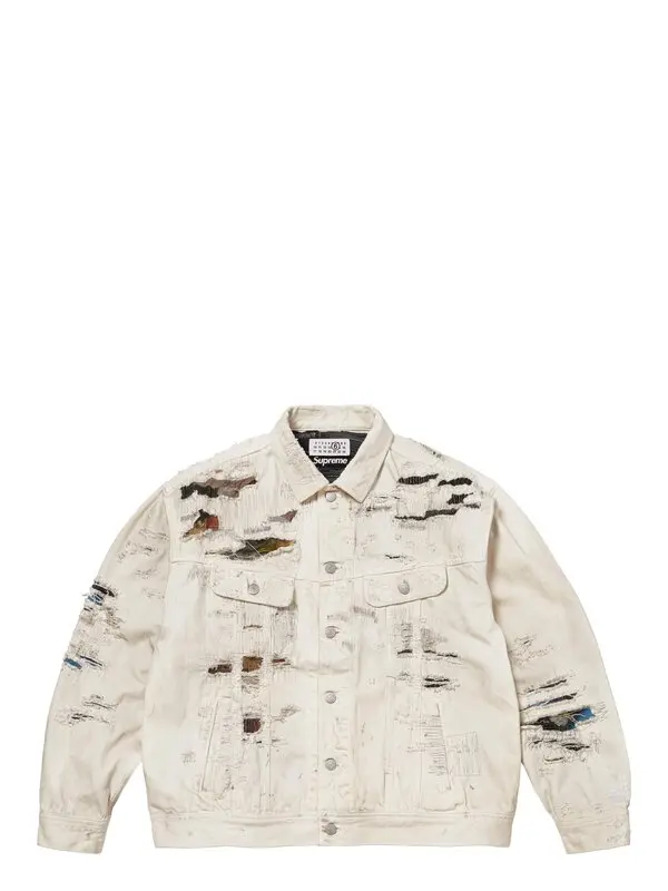 Supreme X Mm6 Maison Margiela Distressed Selvedge Denim Trucker Jacket - White
