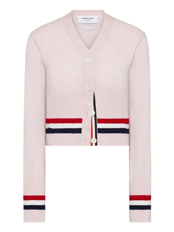 Thom Browne Rwb Stripe Cashmere Shrunken V-neck Cardigan - Pink