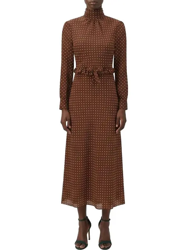 Alessandra Rich Polka Dot Silk Midi Dress - Brown