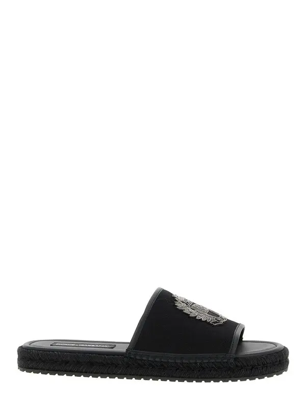 Dolce & Gabbana Cotton Canvas Sliders With Embroidered Patch - Black