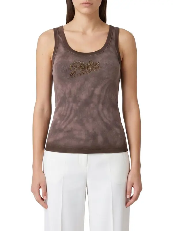 Pinko Ribbed Tank Top With Embellished Logo - Brown