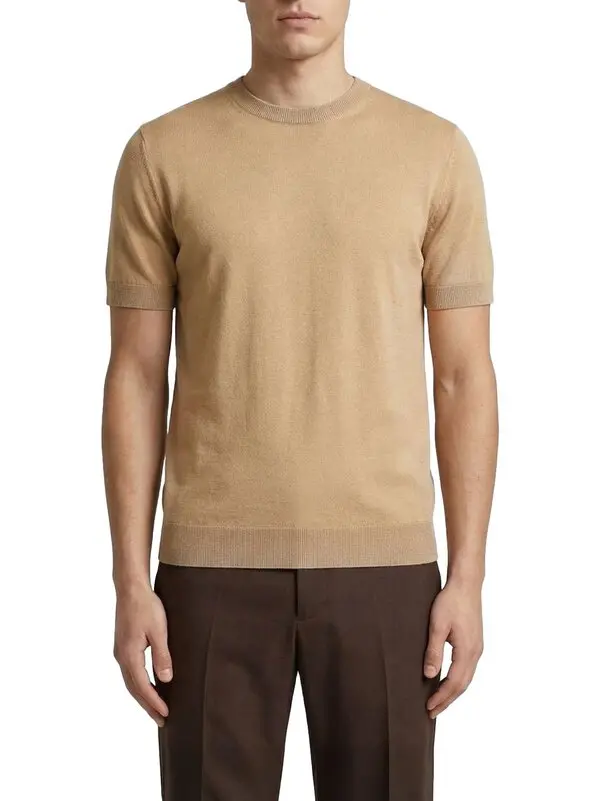 ZANONE Crew Neck Short Sleeve Pullover In Linen And Cotton Blend - Beige