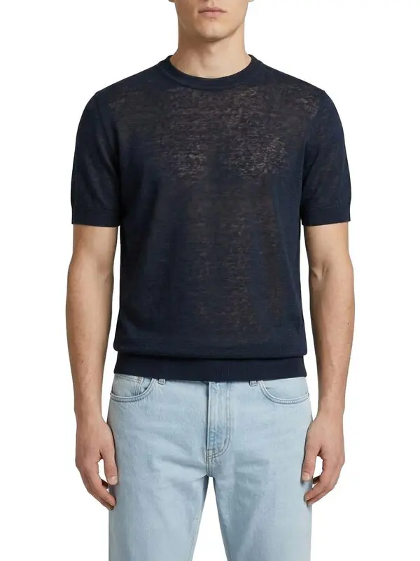 ZANONE Crew Neck Short Sleeve Pullover In Linen And Cotton Blend - Blue