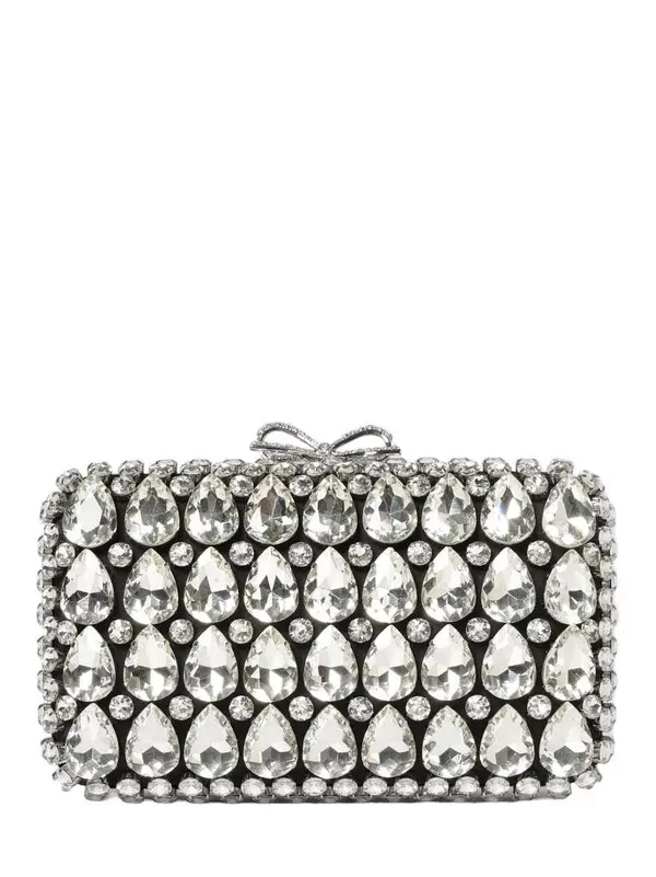 SELF-PORTRAIT Embellished Satin Clutch With Rhinestones And Bow Appliqu - Black
