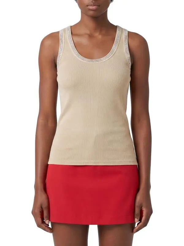 Patrizia Pepe Cotton Blend Tank Top With Rhinestone Embellishments - Beige