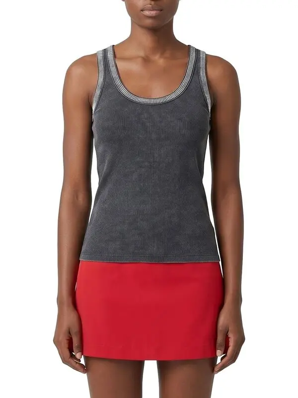Patrizia Pepe Ribbed Tank Top With Embellished Trim - Grey