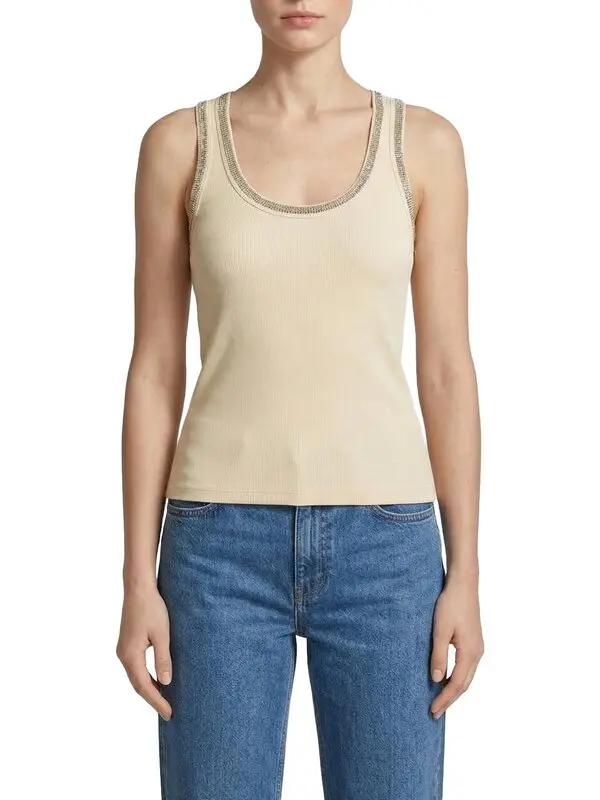 Patrizia Pepe Cotton Blend Tank Top With Rhinestone Embellishments - Ivory