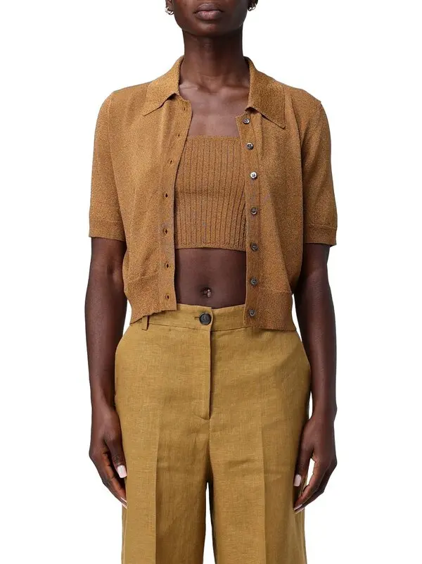Pinko Cropped Knit Cardigan With Classic Collar - Brown