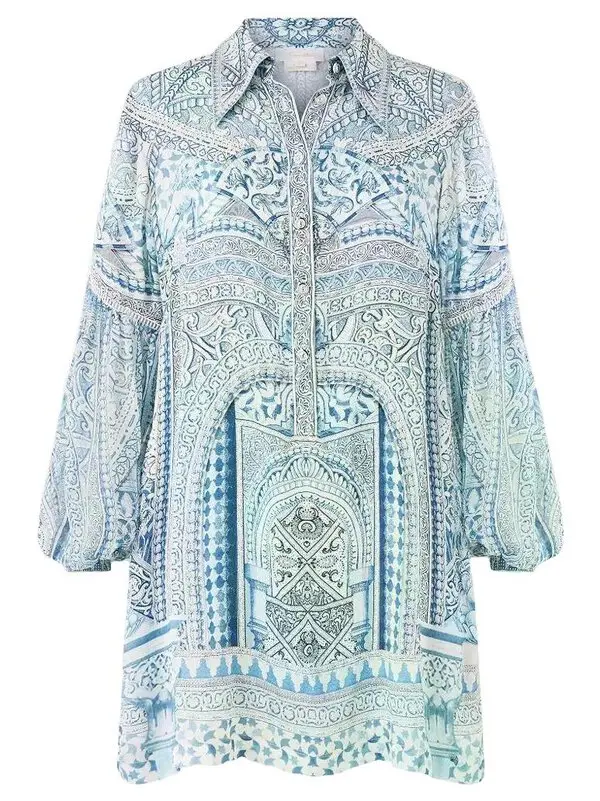 Camilla The Hum Of The Alhambra Blouson-sleeve Shirt Mini Dress - Blue