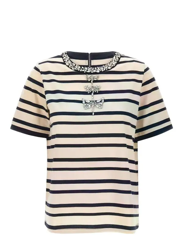 ELENA MIRO` Striped Jewel-embellished T-shirt - Neutrals