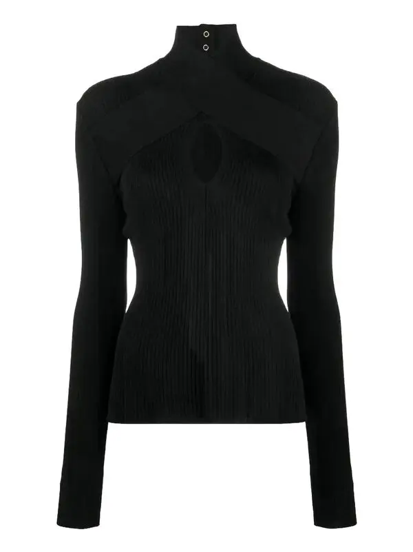 MSGM Crossed Band Turtleneck Cut-out Ribbed Sweater - Black