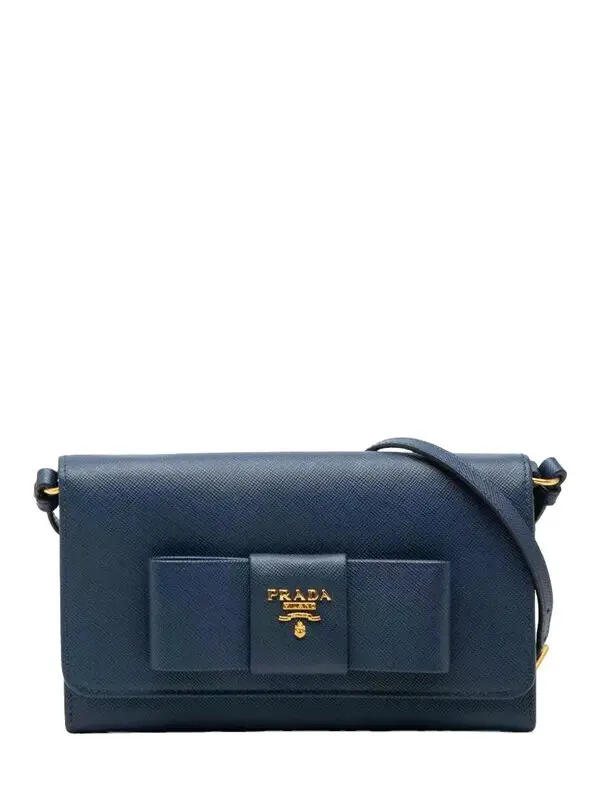 Prada Saffiano Lux Bow Wallet On Strap Crossbody Bag - Blue