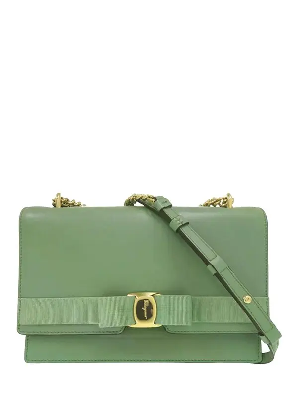 FERRAGAMO Leather Vara Bow Chain Crossbody Bag - Green