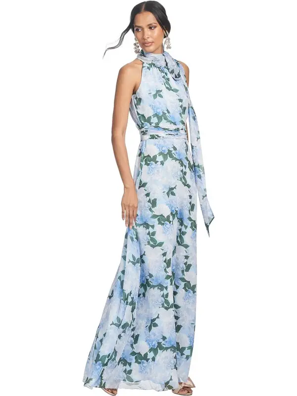 Sachin & Babi Diana Printed Gown With Tie Neck - Glacial Peonies
