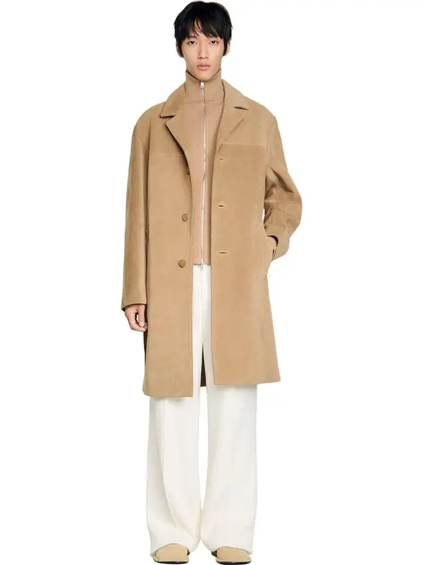 Sandro Tailored Belted Leather Trench Coat - Cappucino