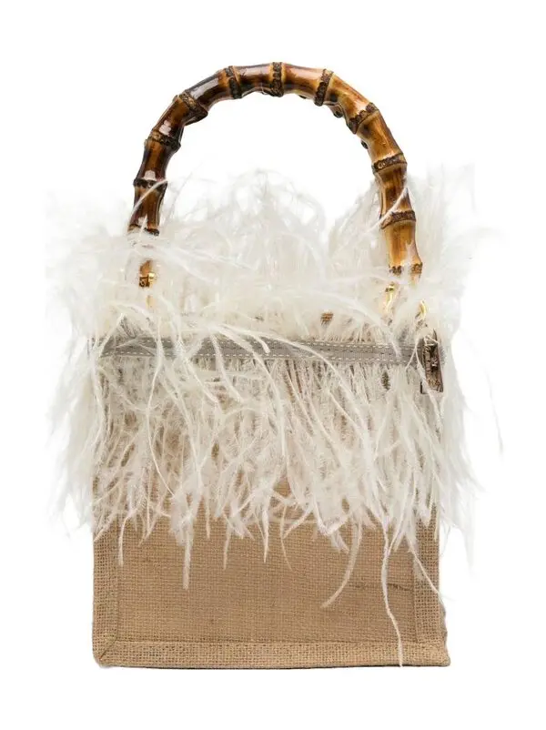 LA MILANESA Violetta Mini Handbag With Feather Embellishment And Bamboo Handle - White