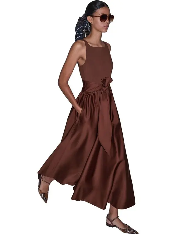 ME+EM Boat Neck Fit And Flare Maxi Dress With Tie - Cinnamon Brown