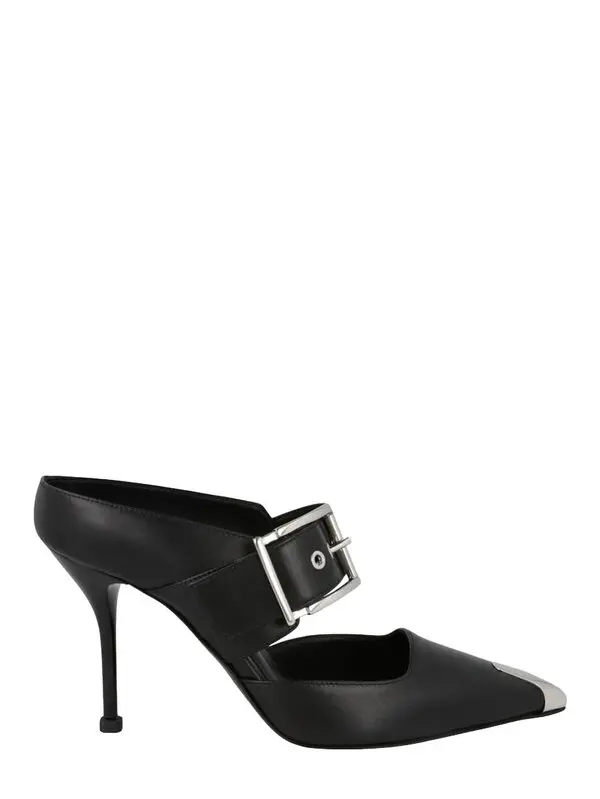 Alexander McQueen Buckle Leather Mules - Black/silver