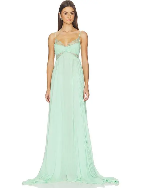 Blumarine Georgette Plissé Gown With Lace Detailing - Mint