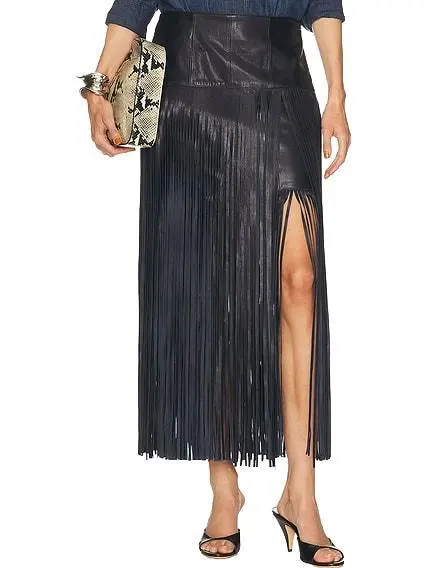 TWP Fringed Leather Maxi Skirt - Midnight