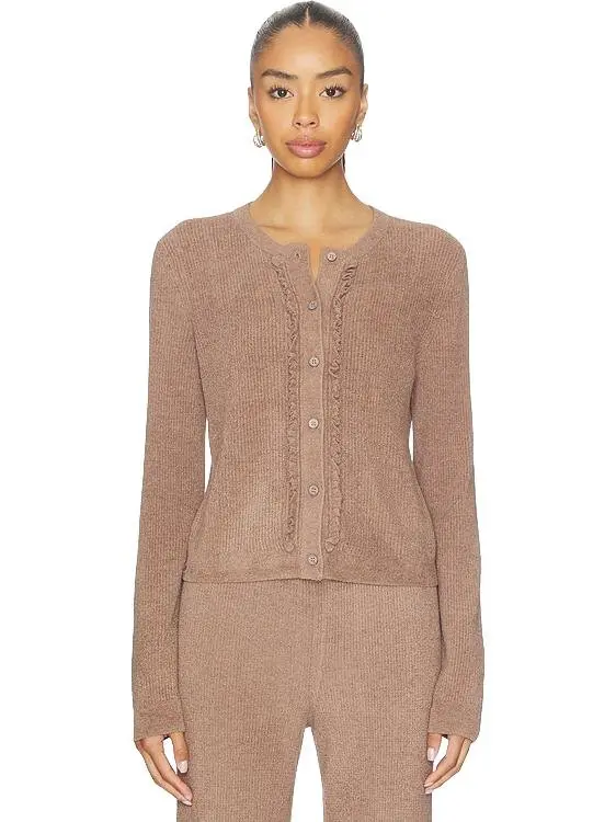 Barefoot Dreams Cozychic Ultra Lite Pointelle Rib Ruffle Front Cardigan - Brown