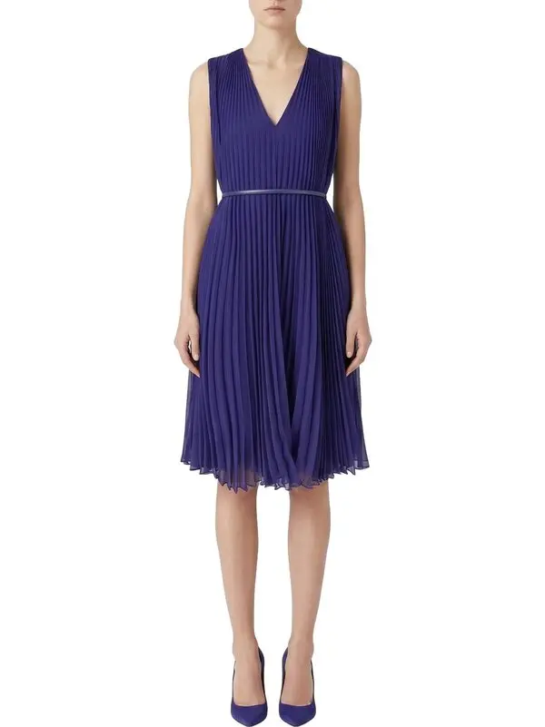 Max Mara Sleeveless V-neck Pleated Midi Dress With Belt - Blue