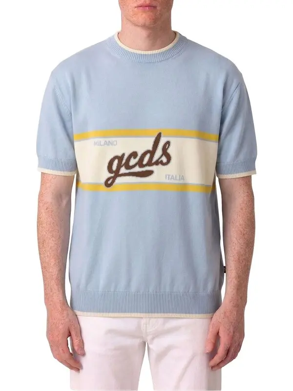 Gcds Crew Neck Jumper In Cotton With Jacquard Logo - Blue