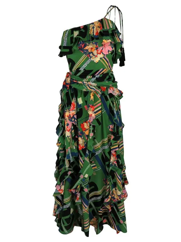Gucci Floral Check-print Ruffled Silk-crepe Dress - Green