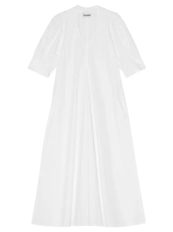 GANNI Cotton Poplin V-neck Midi Dress - White