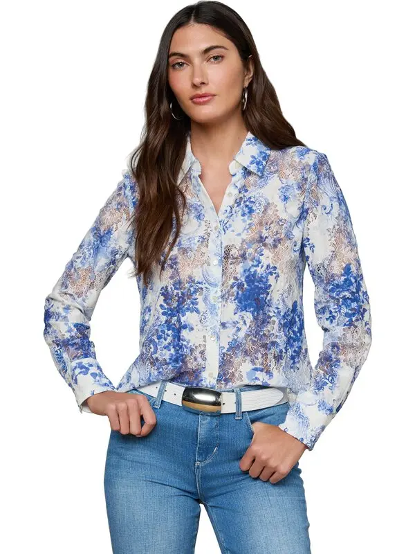 L'Agence Maia Floral Lace Blouse - Ivory/blue Watercolor Lace Paisley