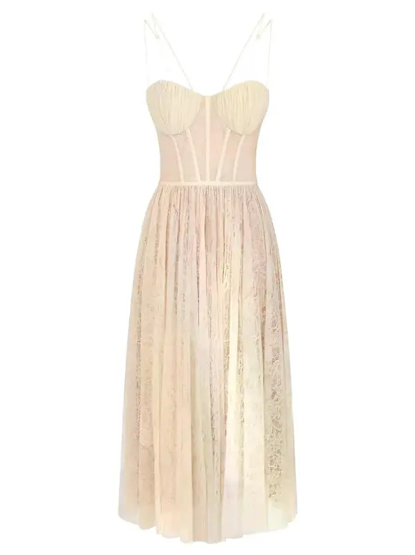 Elisabetta Franchi Floral Lace Bustier Midi Dress - Neutrals