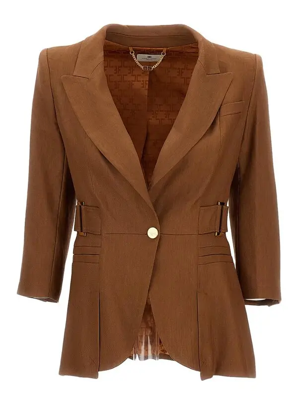 Elisabetta Franchi Linen-blend Jacket With Metallic Details - Brown
