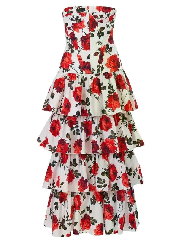 Carolina Herrera Rose-print Tiered Midi Dress - White