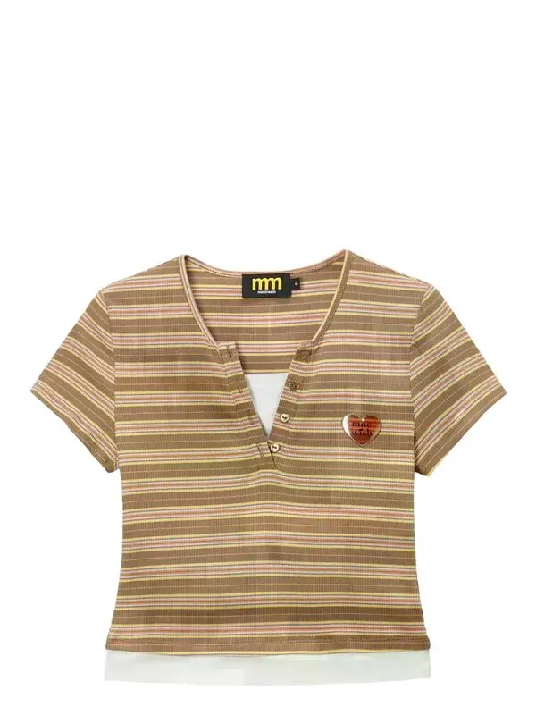 MINI CREAM Striped Button-detail T-shirt - Brown