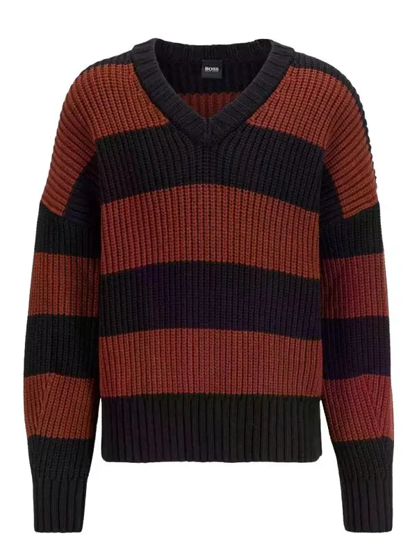BOSS Ribbed V-neck Striped Sweater - Black