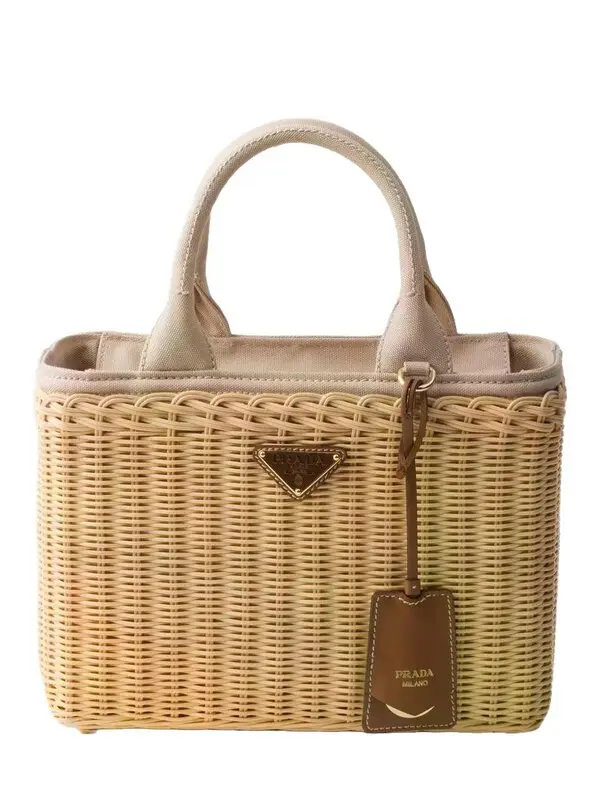 Prada Medium Wicker And Canvas Tote Bag - Neutrals